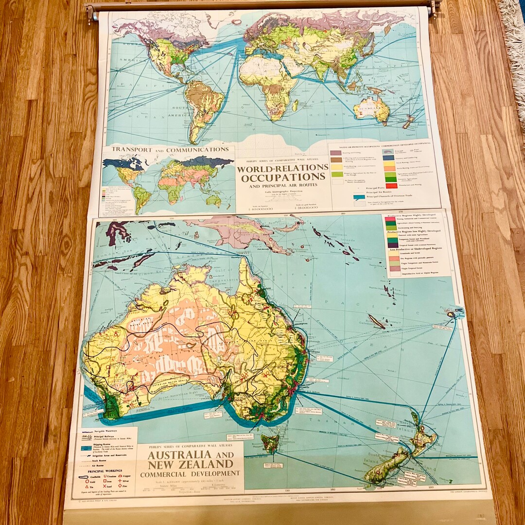 1958 Vintage Pull Down Map, School Map, World Map, Australia and New Zealand - Etsy