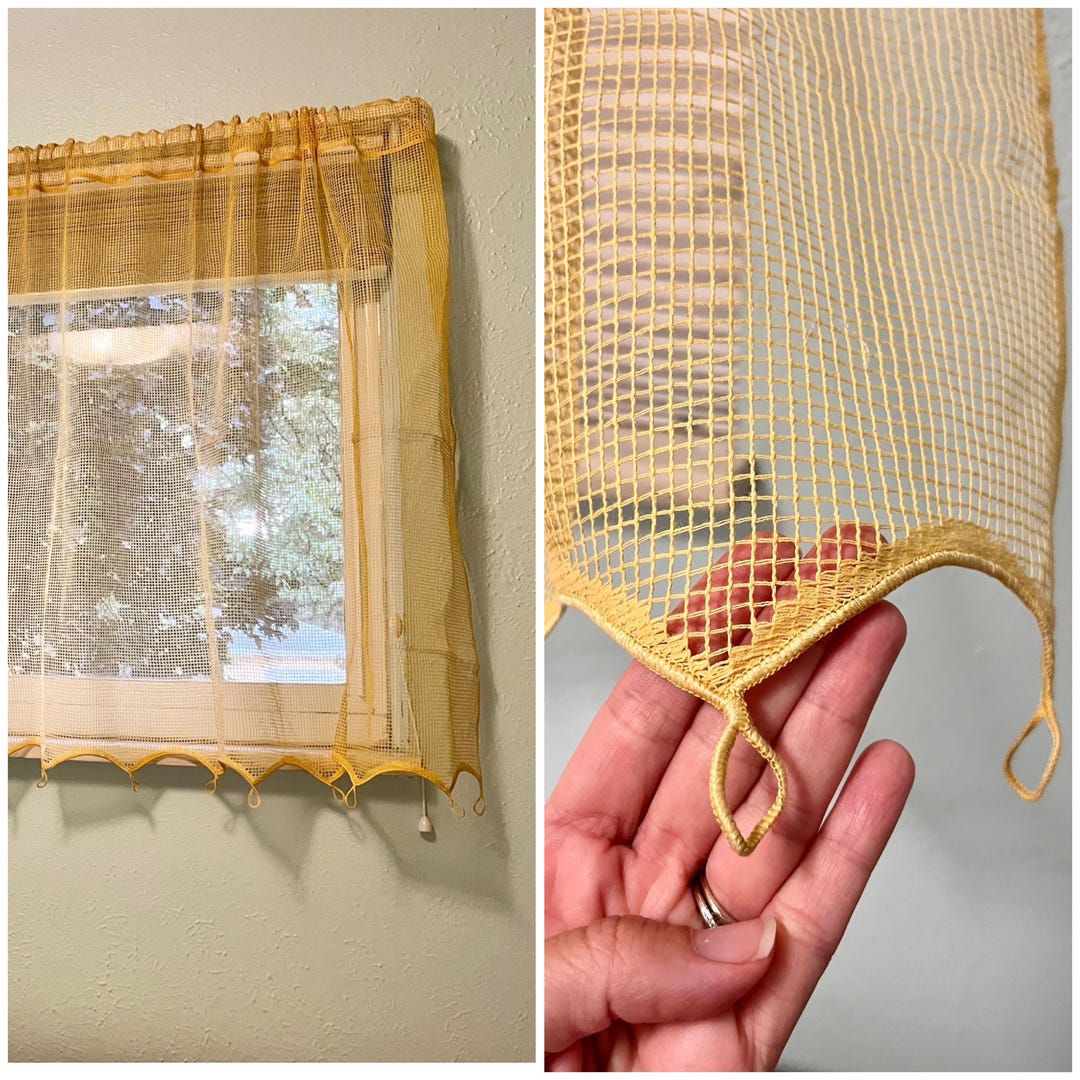 Vintage 1970s Mustard Yellow Net Curtains With Scalloped Trim, Short ...