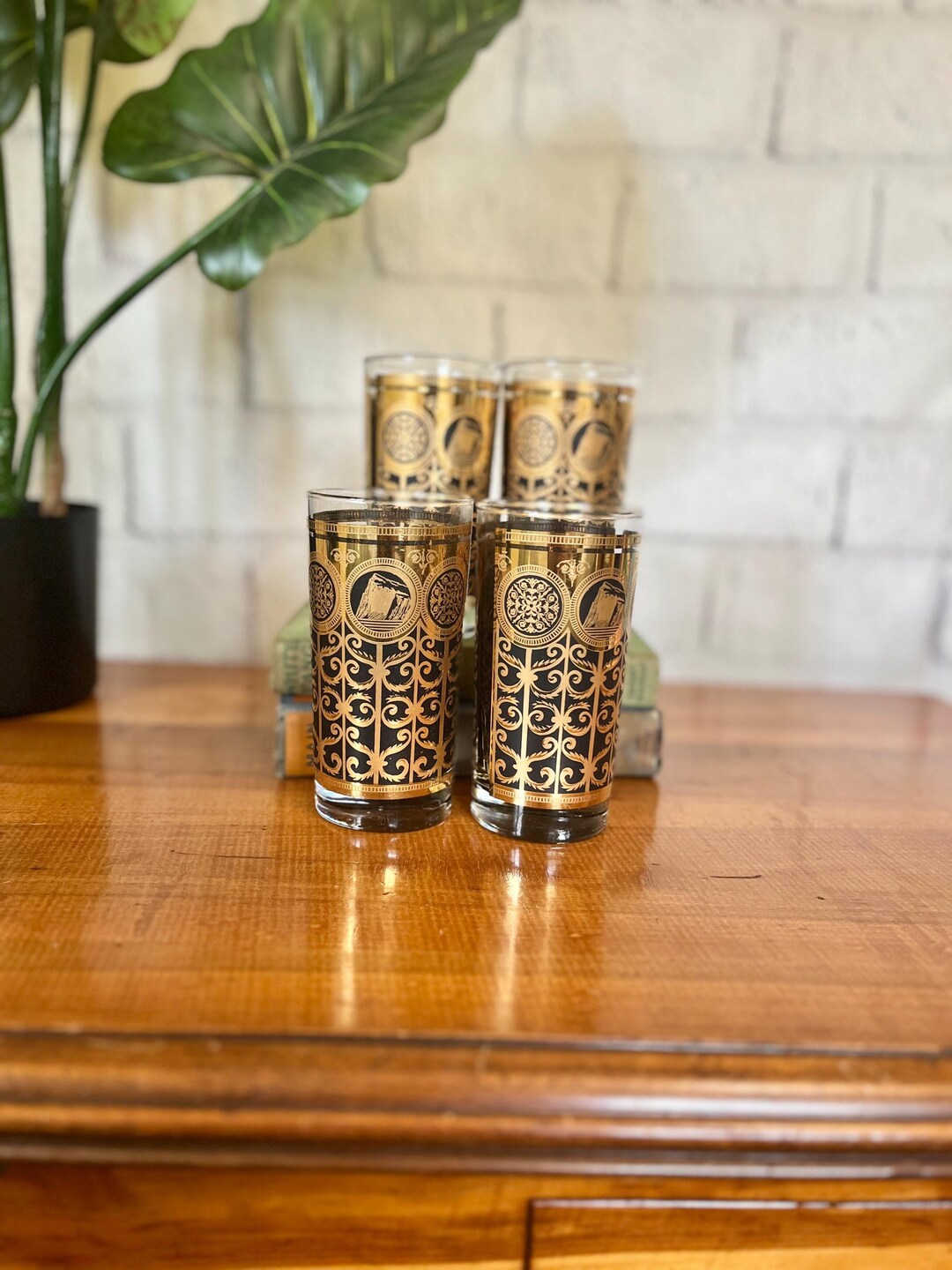 Vintage Libbey Gold Leaf Prudential Rock of Gibraltar Glasses, High ...