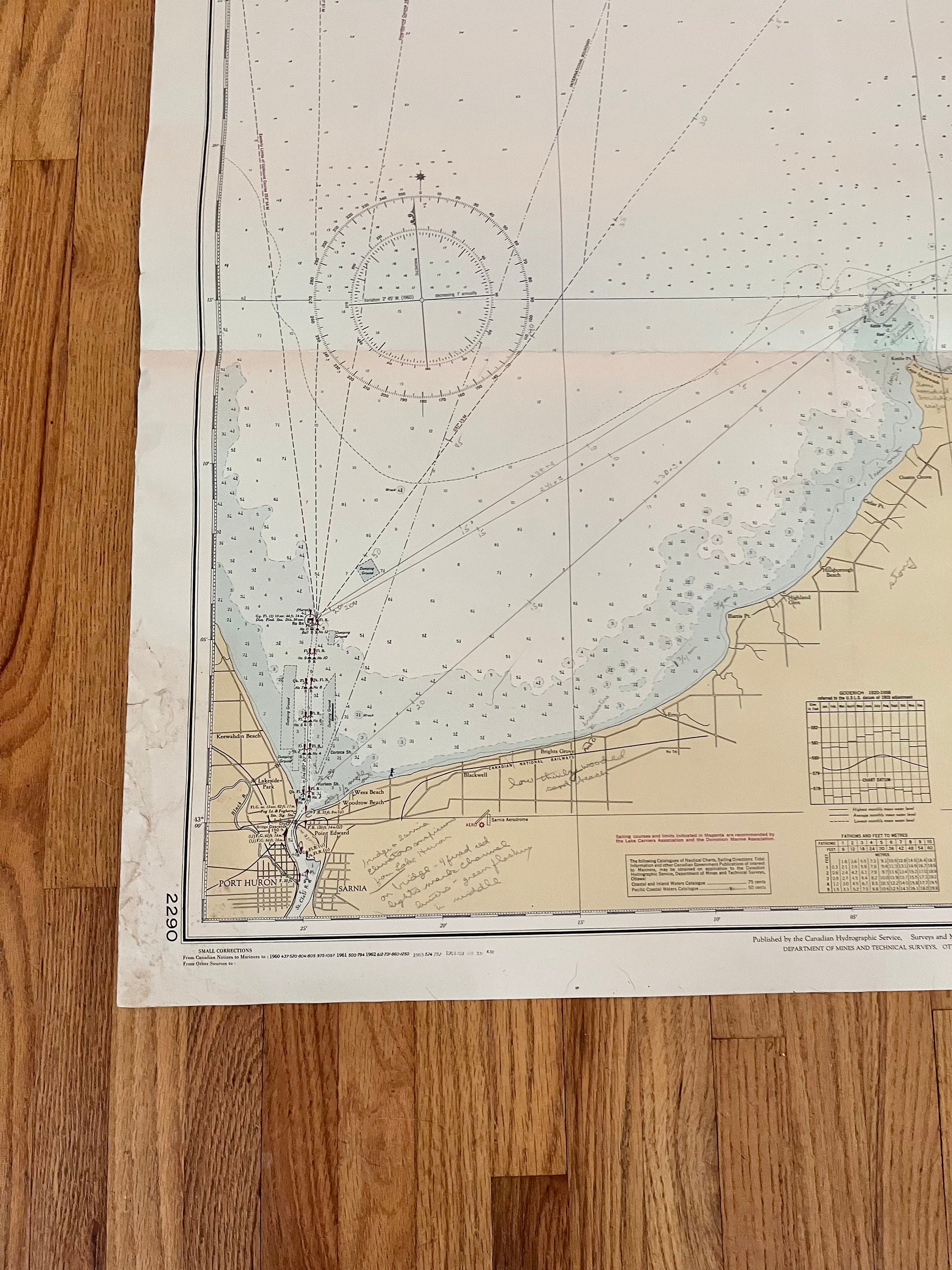 1964 Vintage ORIGINAL Map of Lake Huron, St. Clair River to Goderich ...