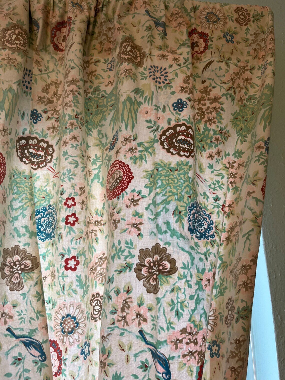 Vintage Curtain Panel, Muted Color Tone, Birds, Floral, Long Panel ...