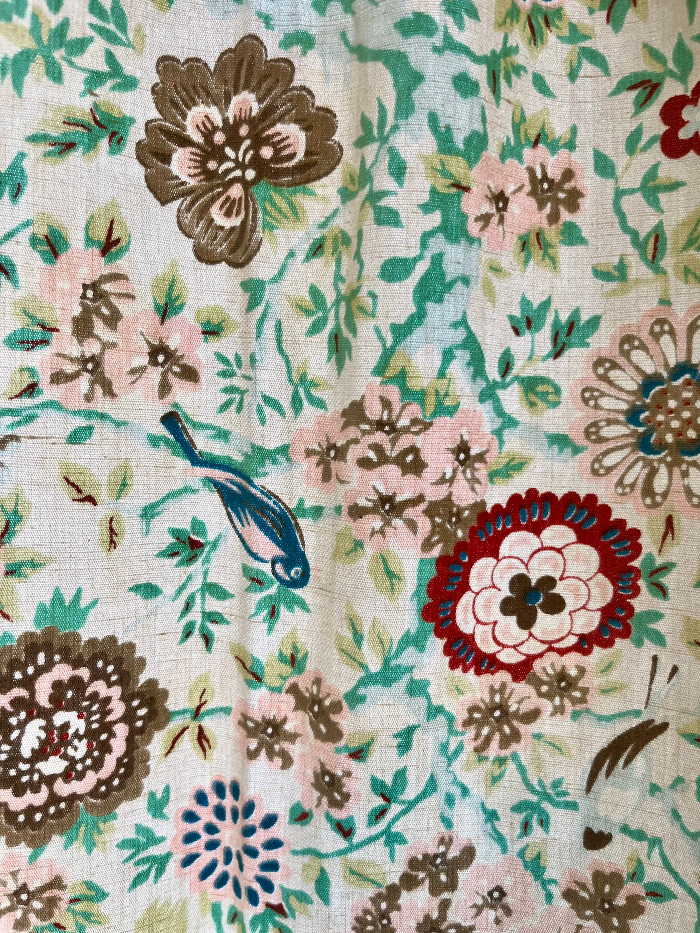 Vintage Curtain Panel, Muted Color Tone, Birds, Floral, Long Panel ...