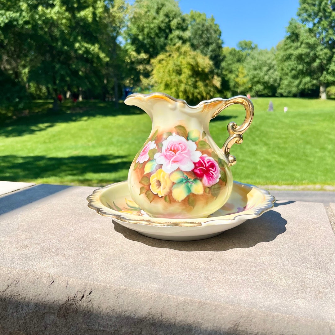 Vintage Enesco Floral Porcelain Pitcher and Tray/basin With Gold Trim ...