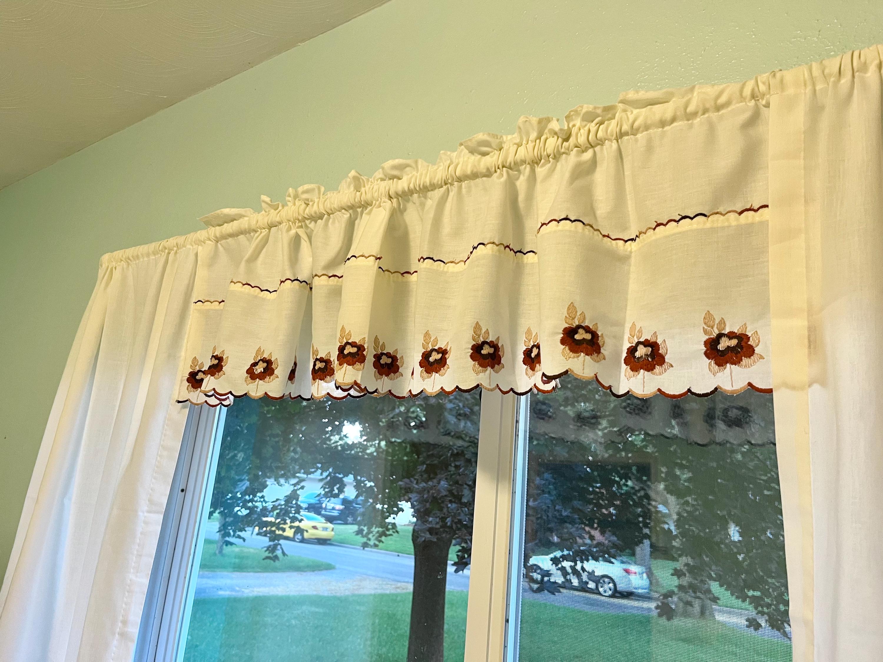 Vintage Cafe Curtains, 3 Panels, Brown Toned Embroidered Flowers - Etsy