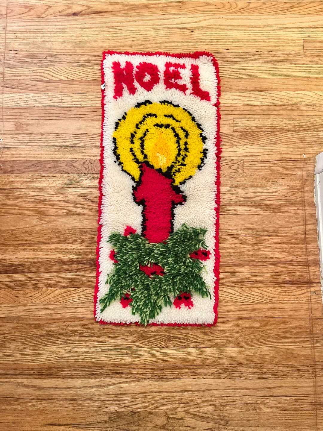 Vintage 1970s Latch Hook Christmas Candle Rug Noel Candle Wreath Wall ...