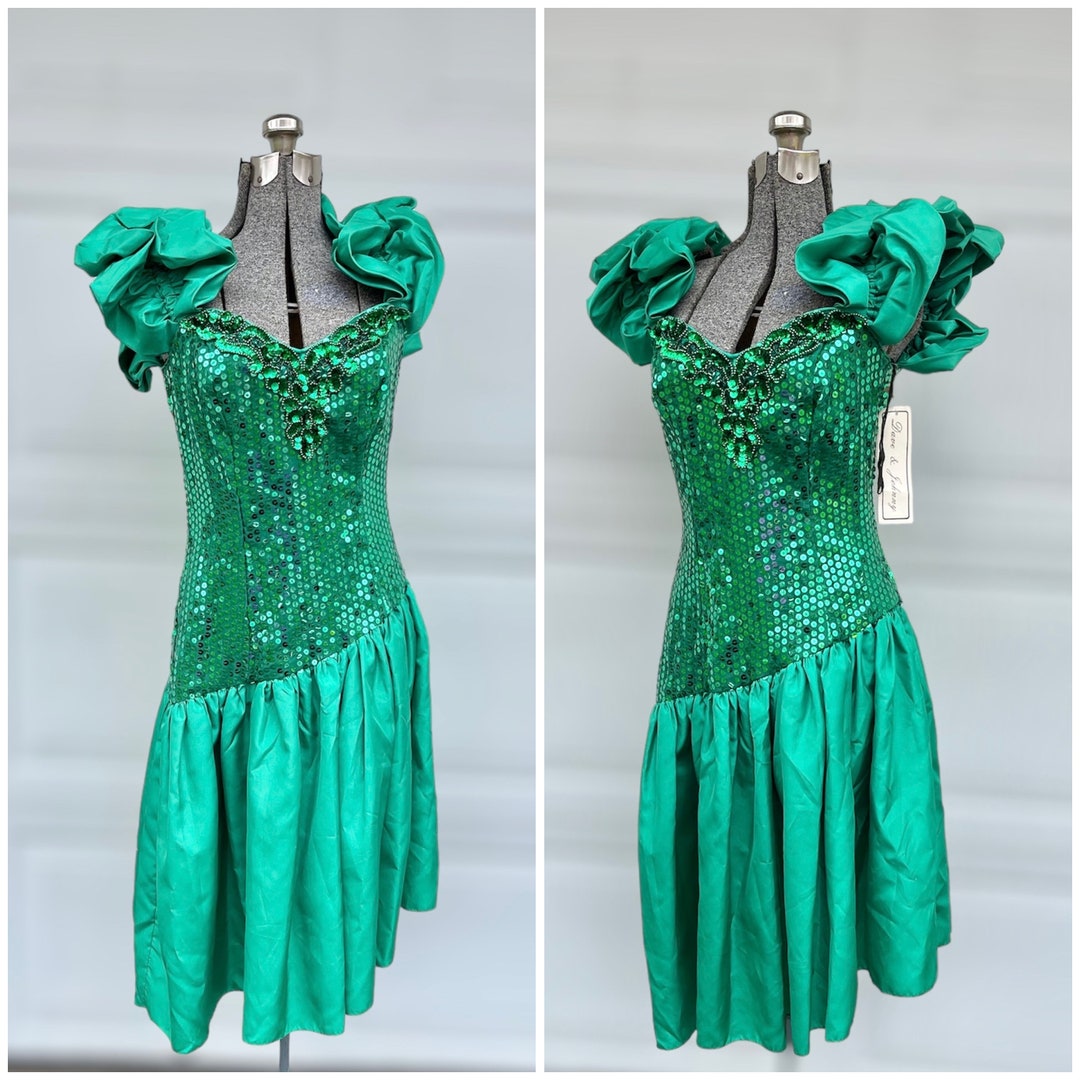 1980s Vintage Kelly Green Poofy Sleeve Prom Dress With Sequins, Small ...