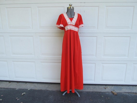 1970s rust orange maxi dress, goddess dress, with but… - Gem