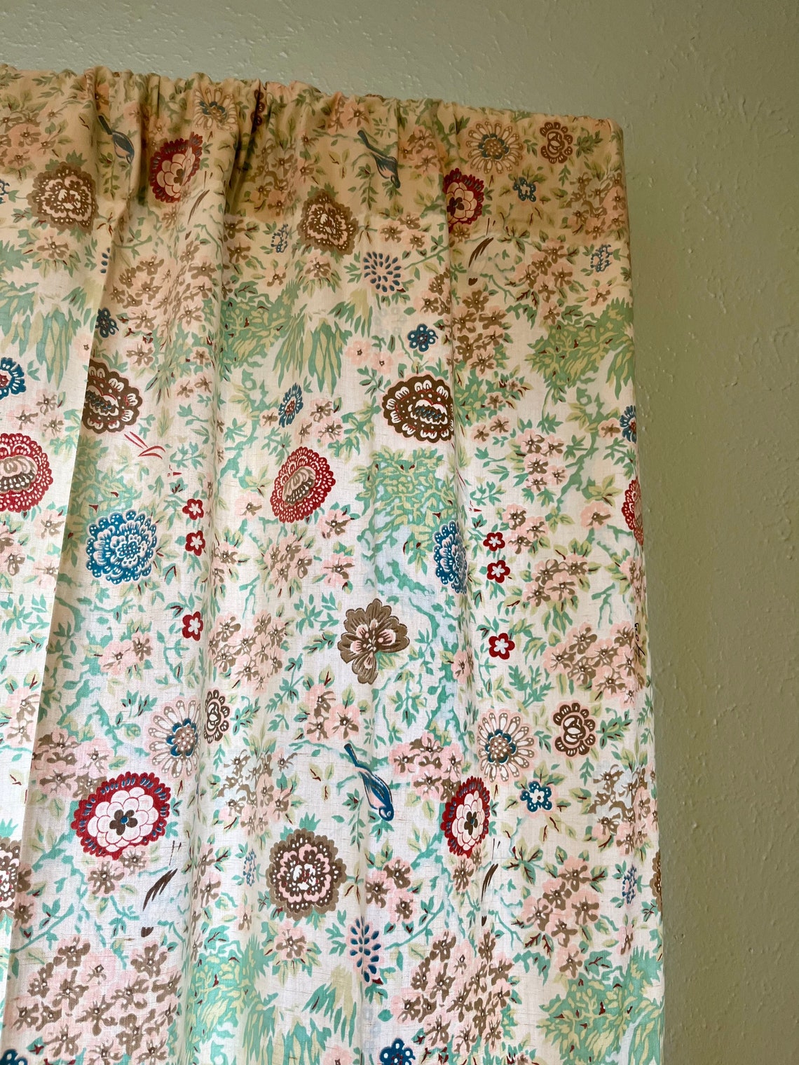 Vintage Curtain Panel, Muted Color Tone, Birds, Floral, Long Panel ...