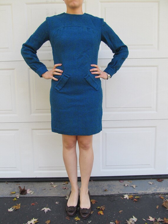 60s boucle blue & green shift wiggle dress XS - Gem