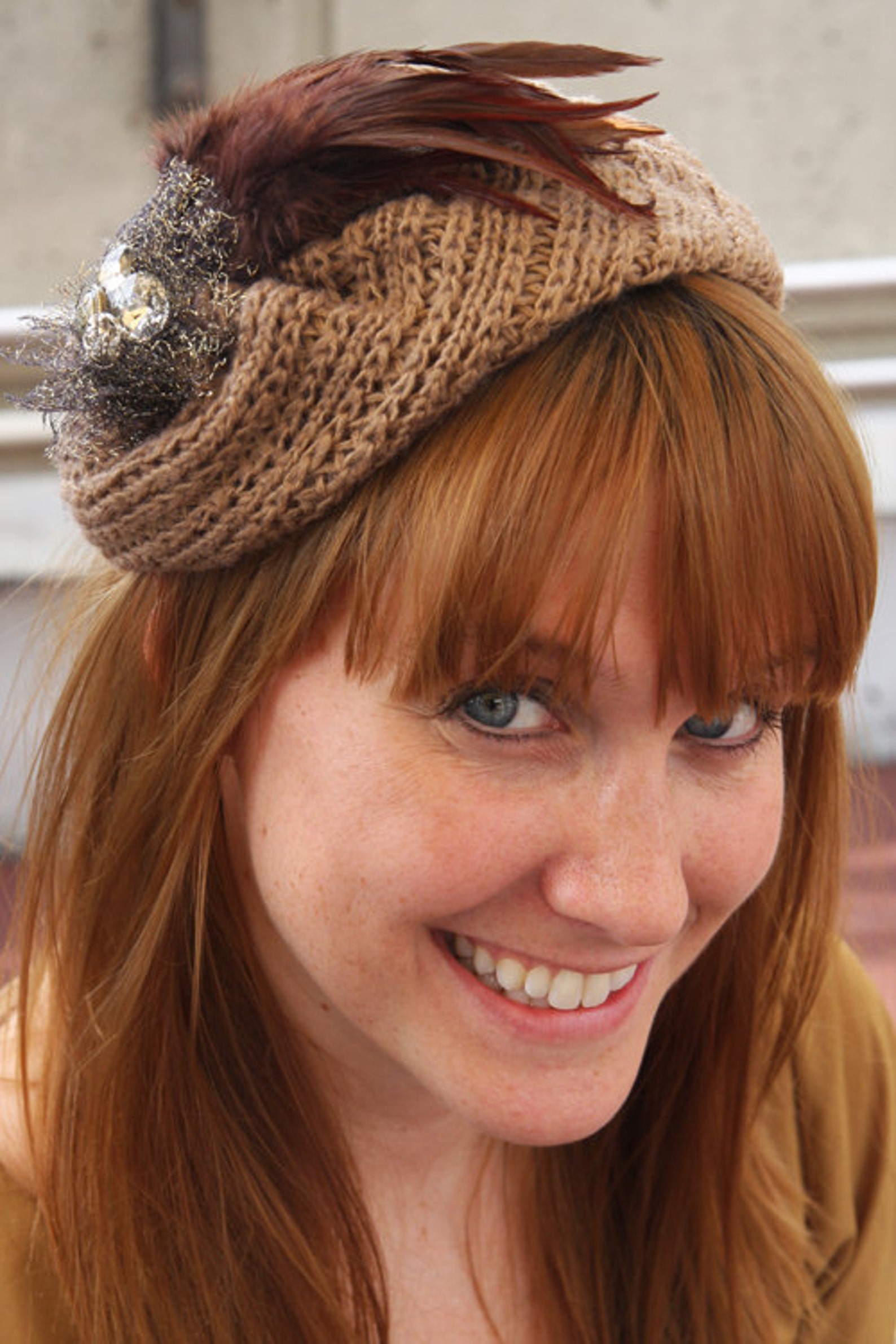 Mocha Brown Wool Topi/ Headband/ Fascinator With Feather, Tulle and ...