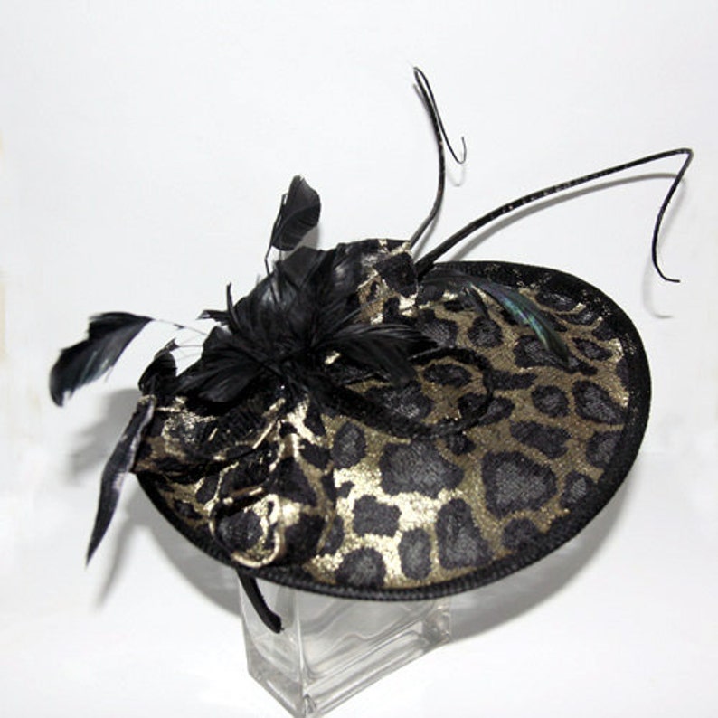 Black Sinamay Leopard Print Headband Fascinator, Accented With Feathers ...