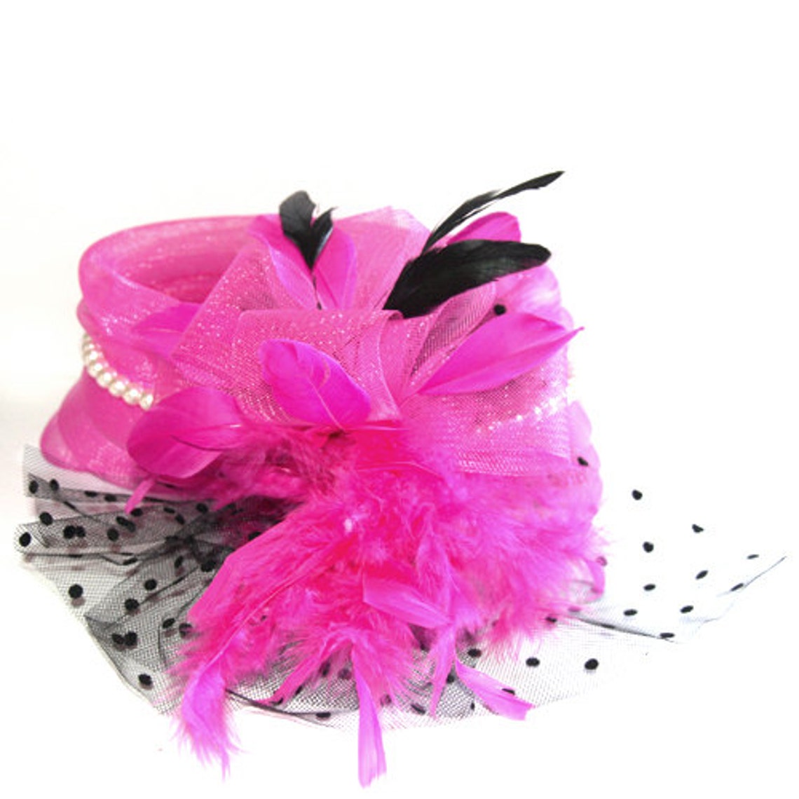 Fuschia Fascinator With Tulle and Pearls, Accented With Feather - Etsy