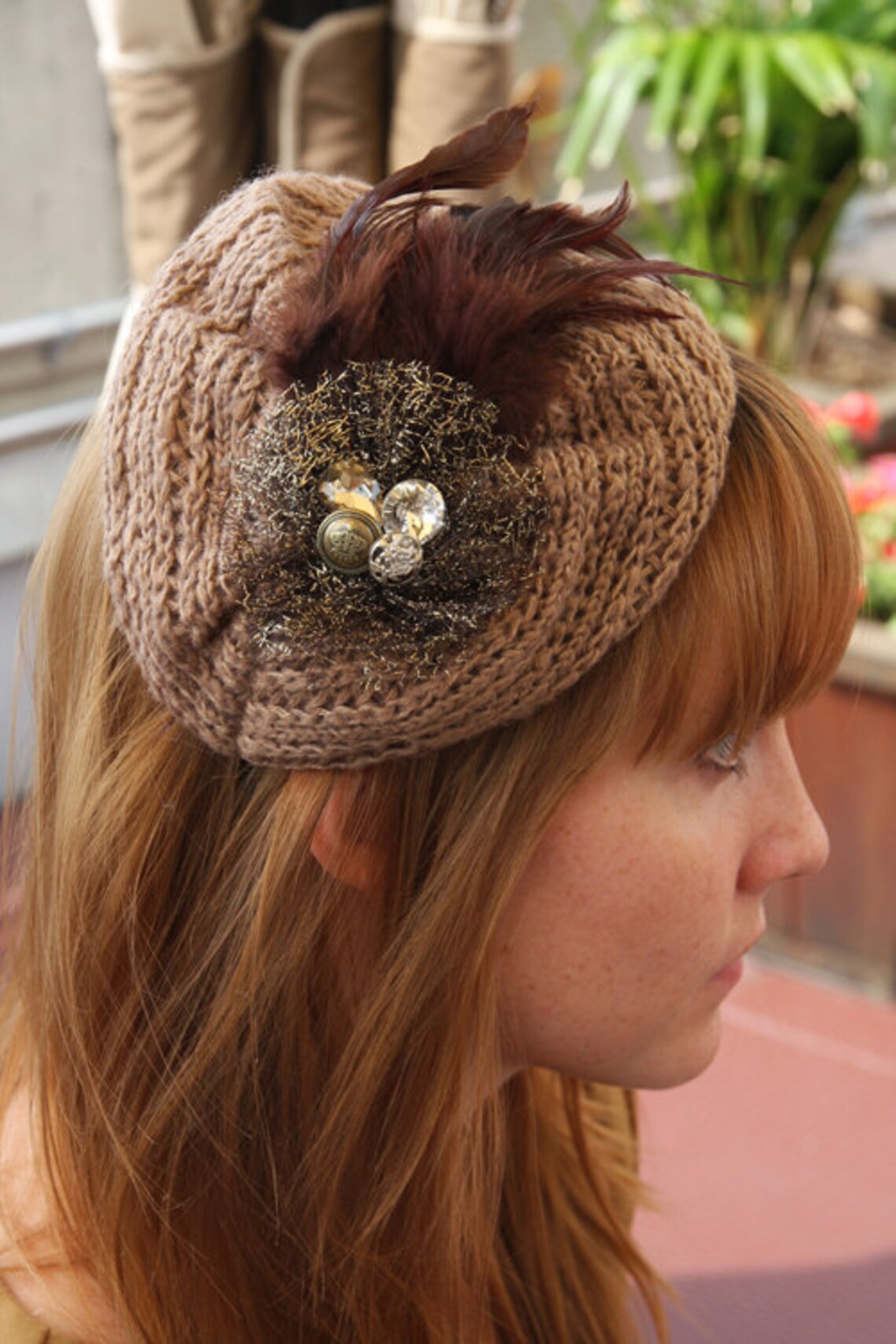 Mocha Brown Wool Topi/ Headband/ Fascinator With Feather, Tulle and ...