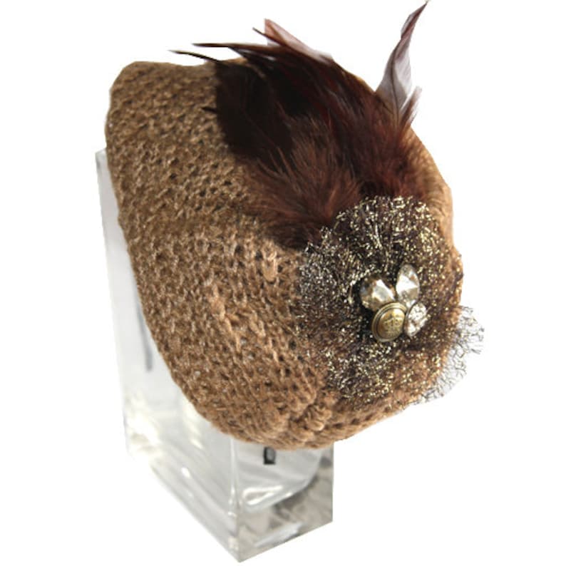 Mocha Brown Wool Topi/ Headband/ Fascinator With Feather, Tulle and ...
