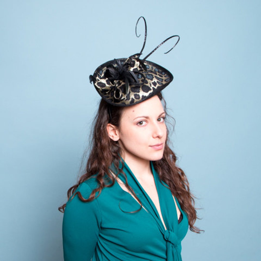 Black Sinamay Leopard Print Headband Fascinator, Accented With Feathers ...