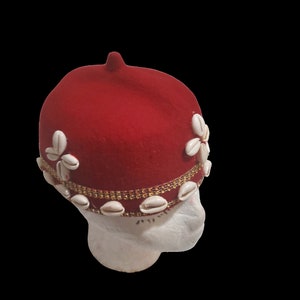 Traditional Red Kufi Wool Hat With Cowries. Larry Gaga Style Cap. Igbo ...