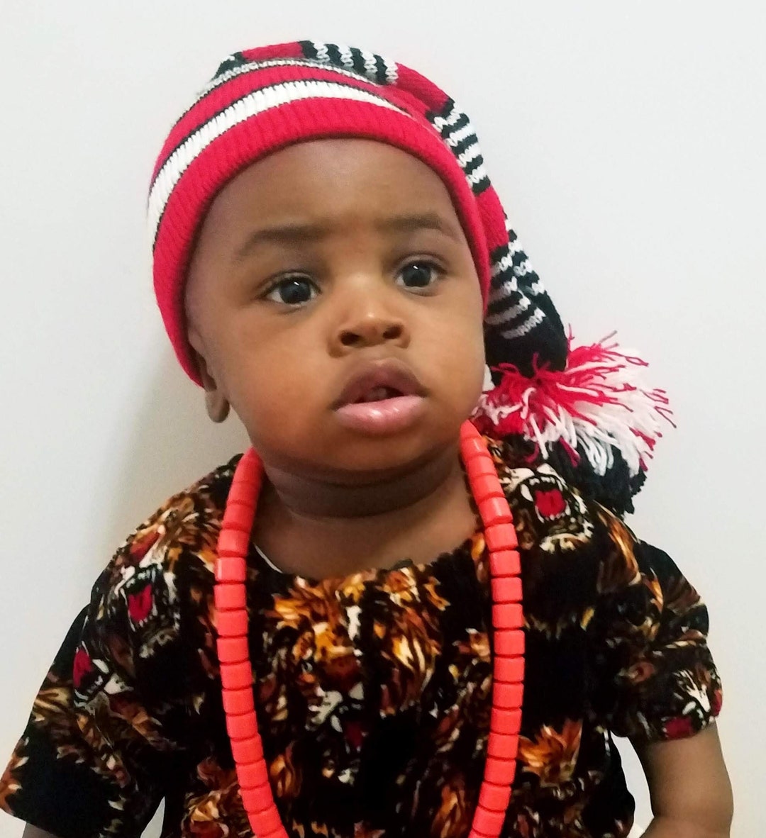Kid's Traditional Isiagu Knitted Hat. Igbo Red & White Wool Hat. Ohafia ...