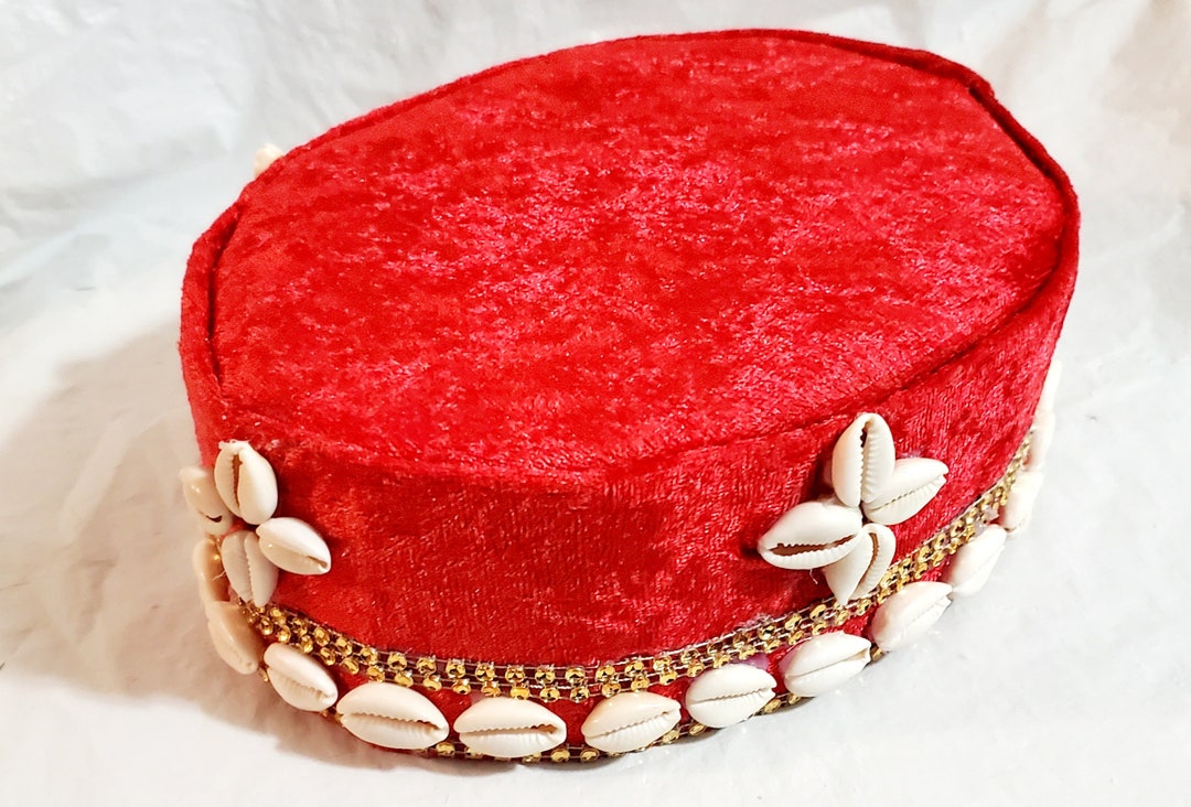 Traditional Red Kufi Velvet Hat With Cowries. Larry Gaga Style Cap ...
