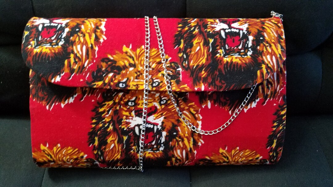 Red Isi Agu Lion Head African Print Ankara Isiagu Clutch Handbag Purse ...