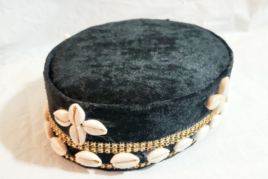 Traditional Black Kufi Velvet Hat With Cowries. Larry Gaga Style Cap ...