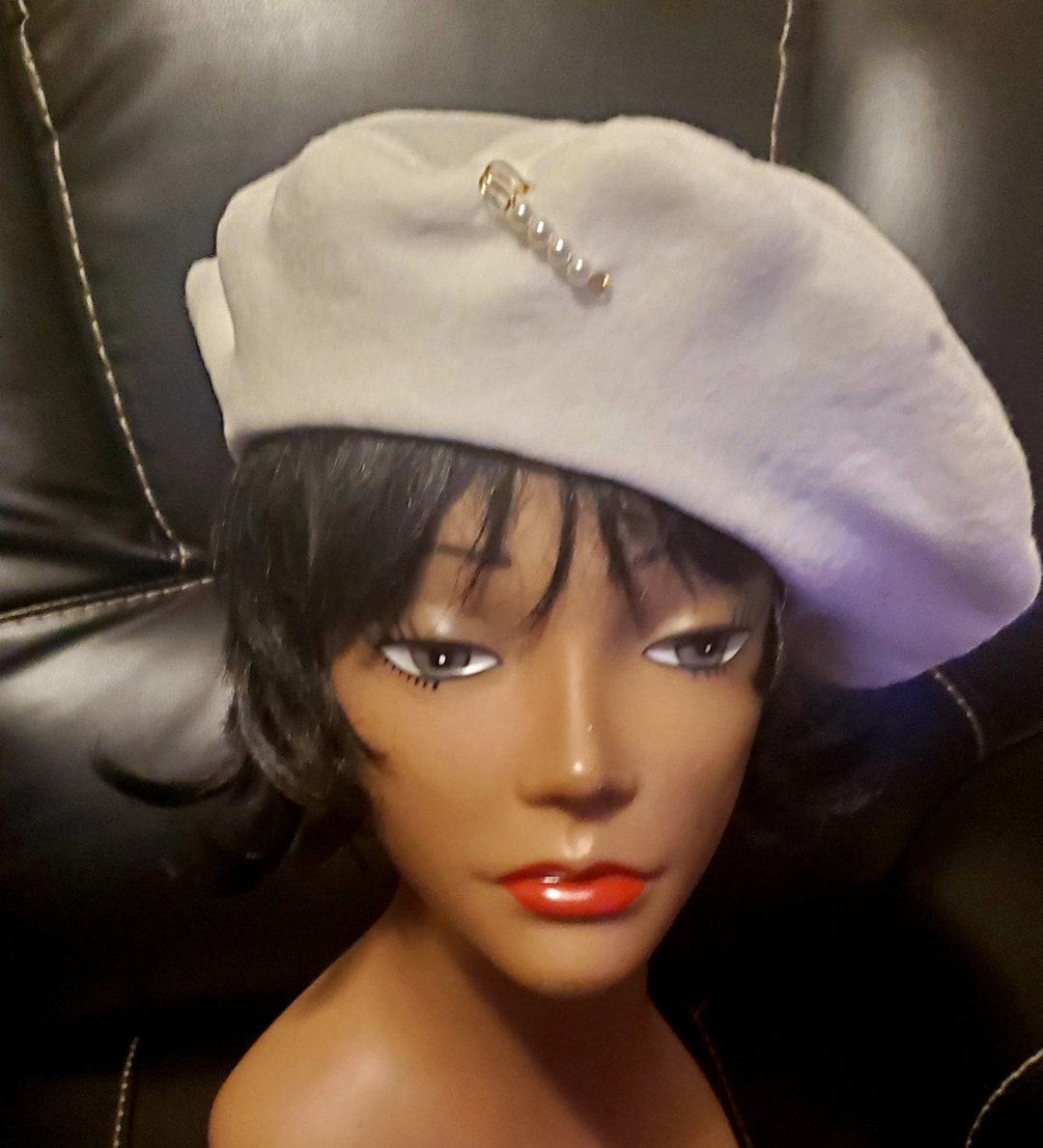 Larger French Fleece Beret Hat With Brooch. Extra Large. Solid Cream ...