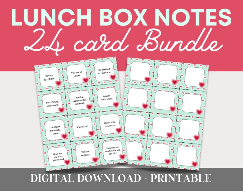 Lunch Box Notes for Kids Hearts | Printable Notes for Girls | Digital ...