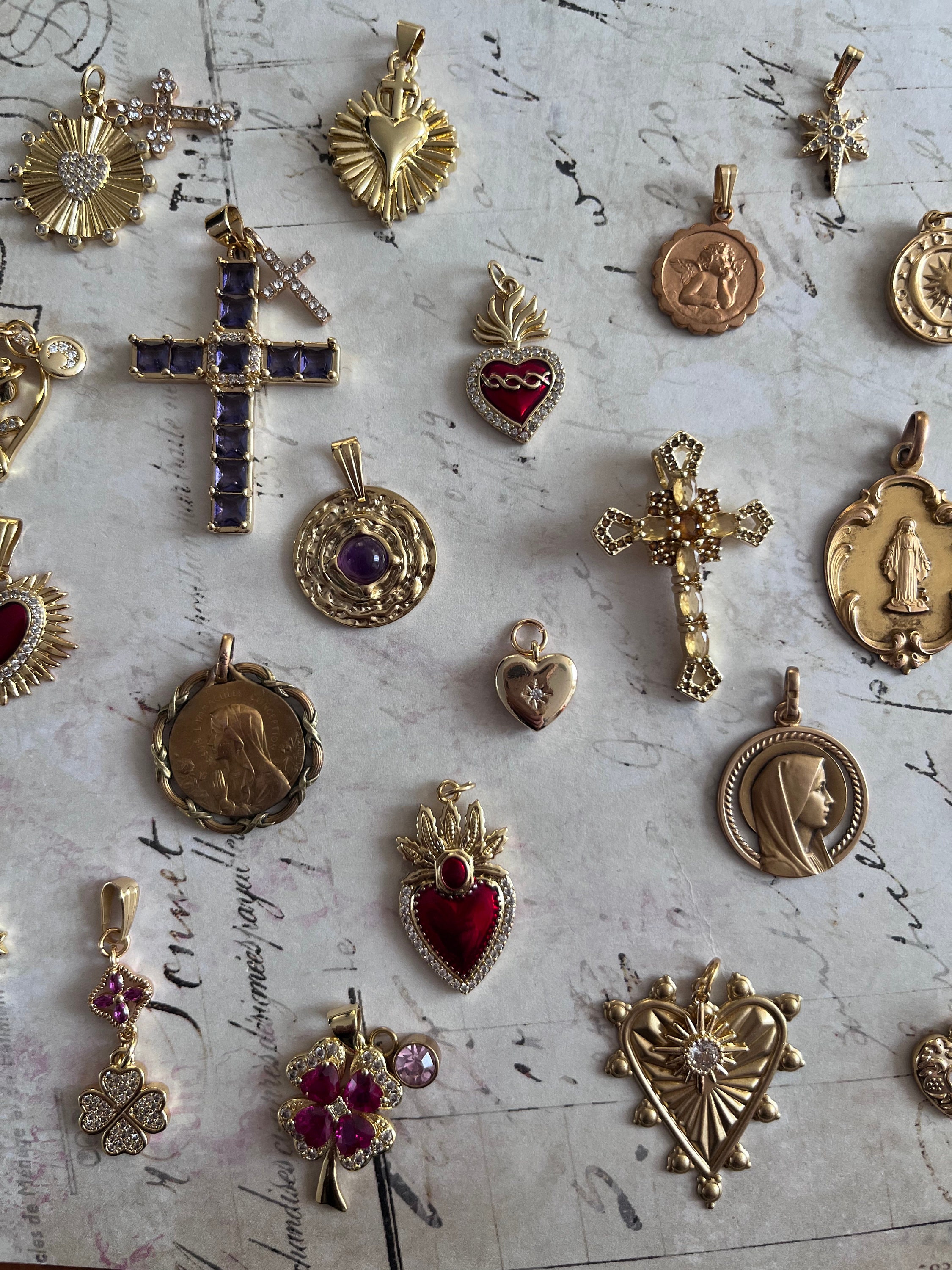 Antique Religious Charms: Gold Holy Mary Heart Medals, Italian German ...