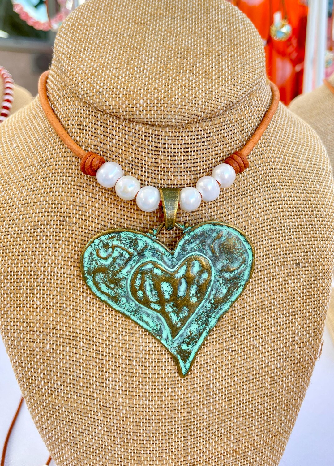 Large Verdigris Heart Pendant Necklace With Freshwater Pearls on ...