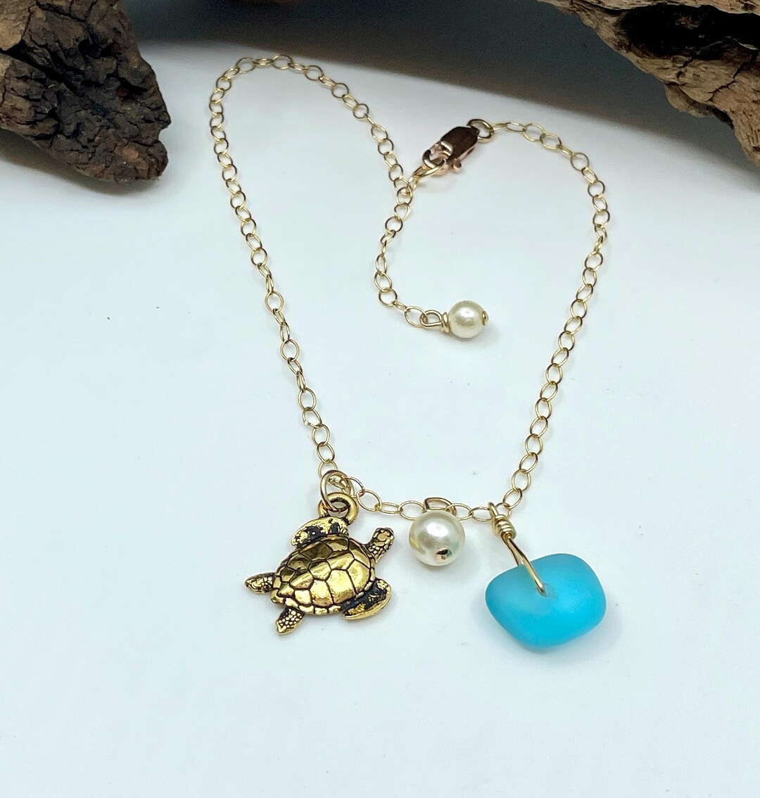 14k Gold-filled Sea Turtle Anklet, Sea Glass Anklet, Pearl Anklet ...