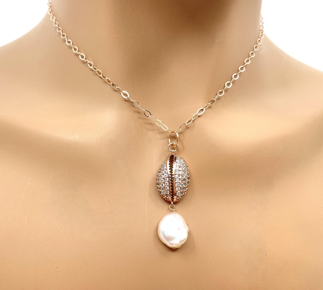 Rose Gold Plated Cowrie Shell Necklace, Freshwater Pearl Necklace ...
