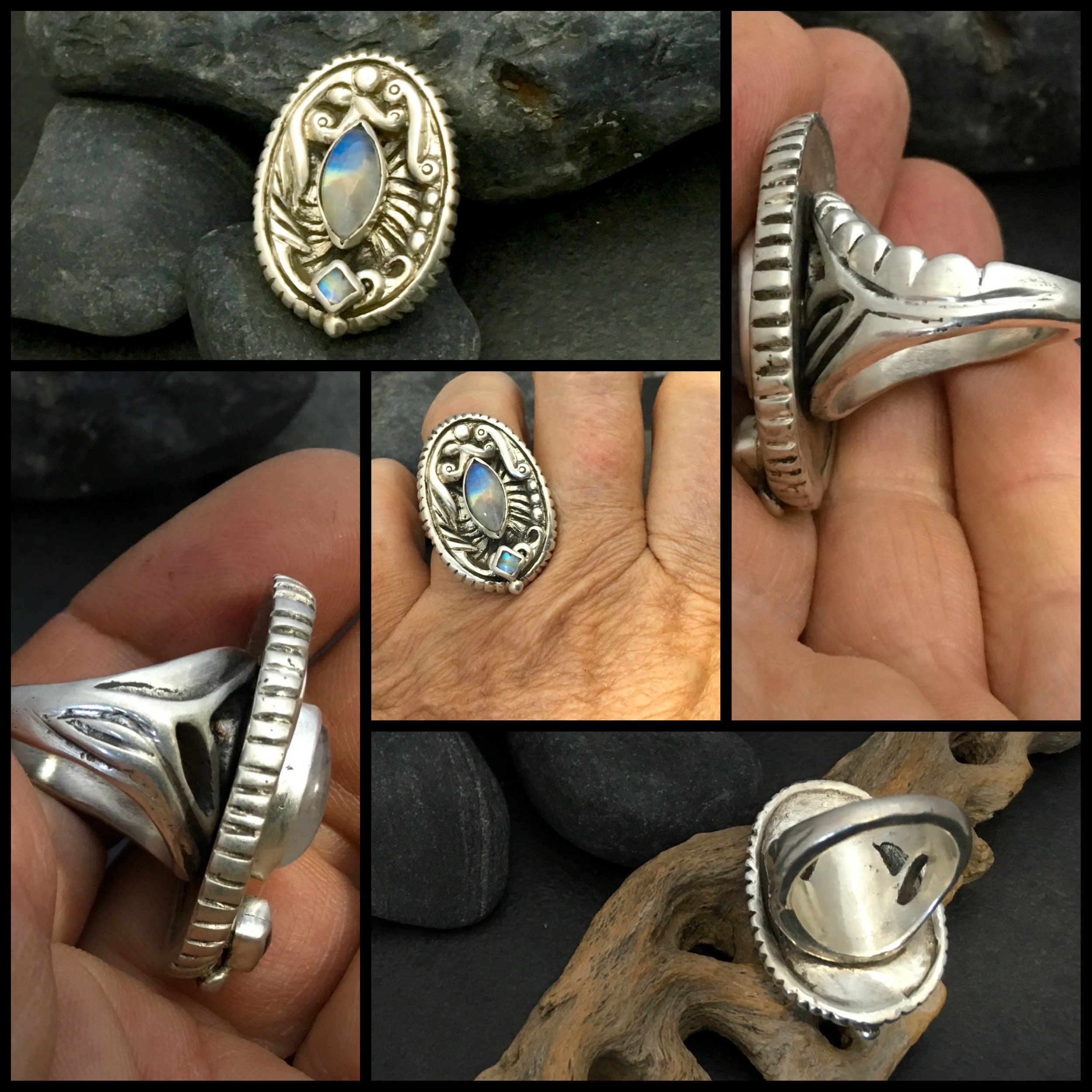 Large magical imperfect sterling ring rainbow moonstones | Etsy