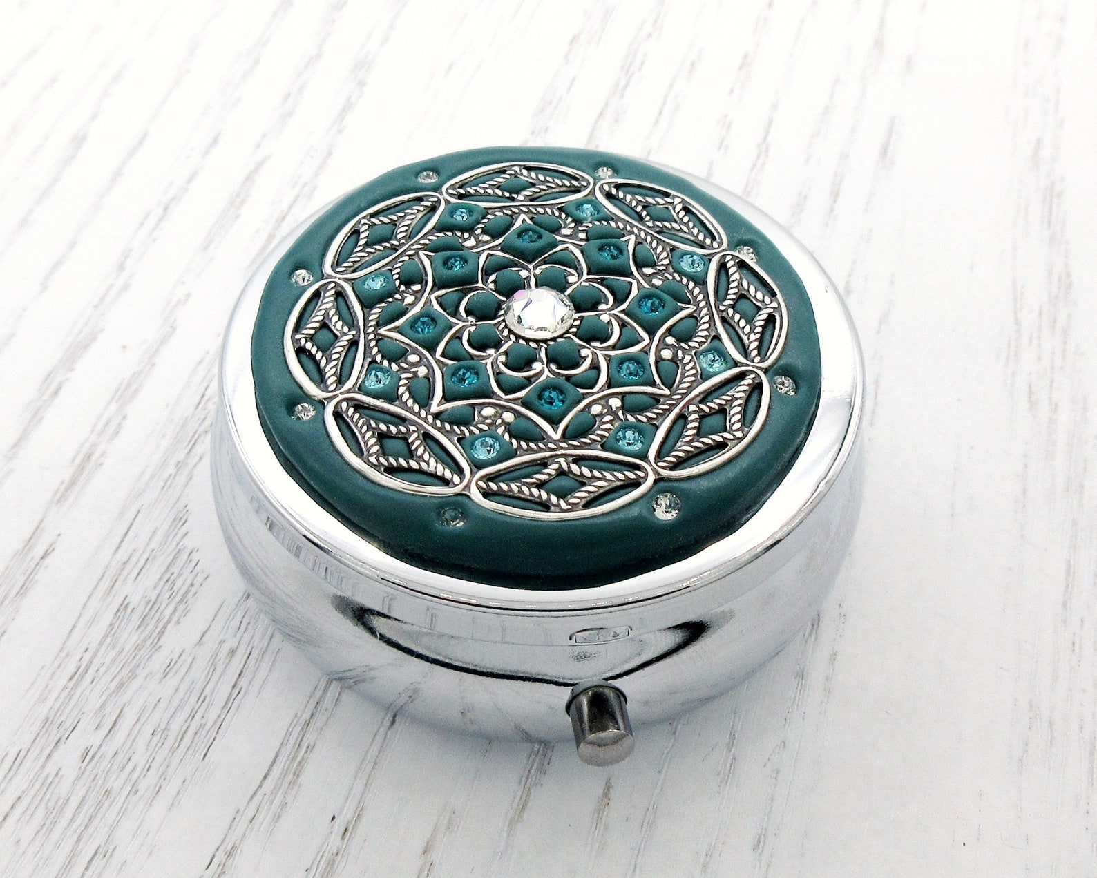 TEAL | Pill Box Case Organizer/ Mint Box With Real Crystals-teal Blue ...