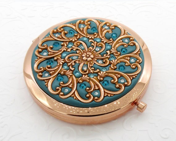 TEAL Rose Gold Compact Mirror Classic Rose Gold Filigree | Etsy