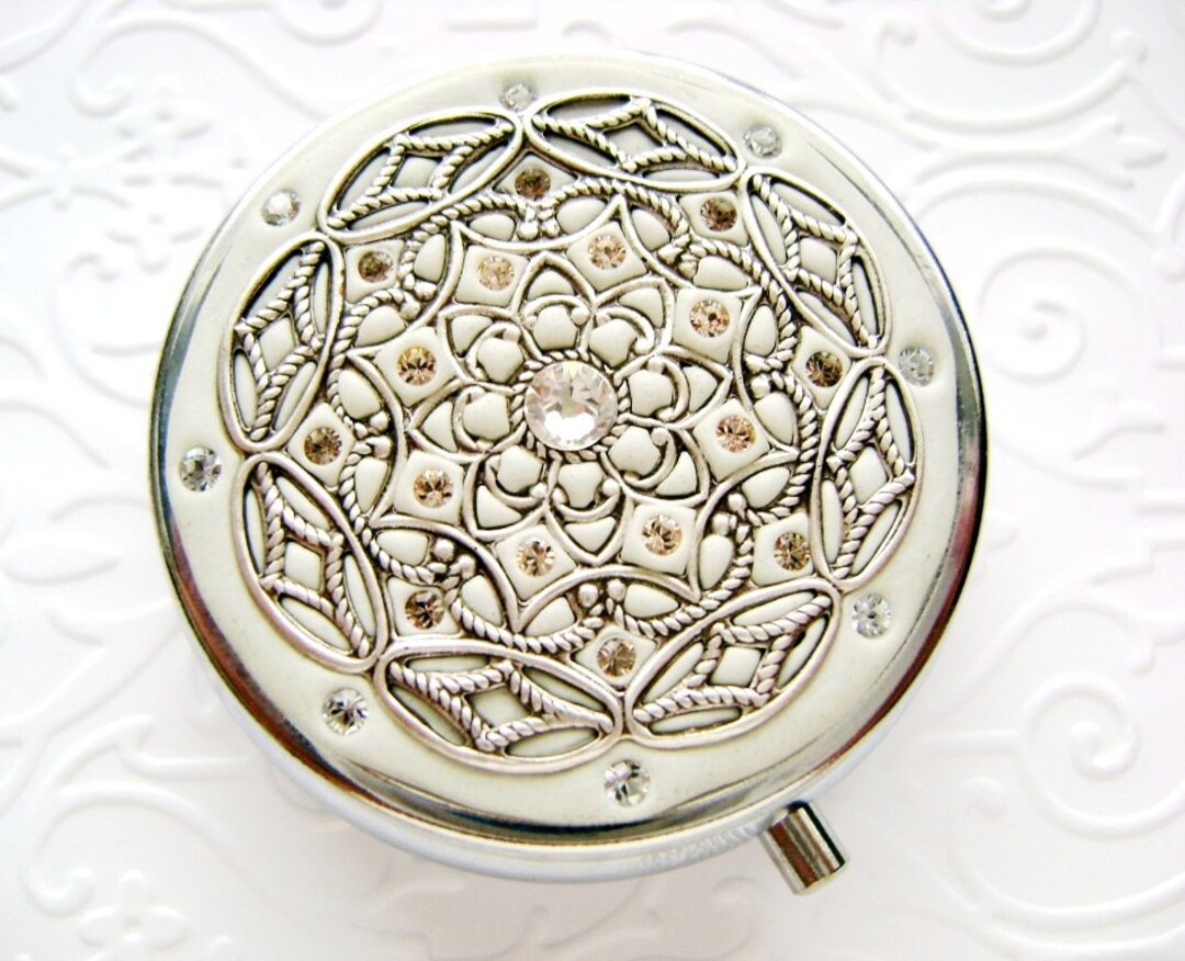 WHITE | Pill Box Case Organizer/ Mint Box With Real Crystals and Silver ...