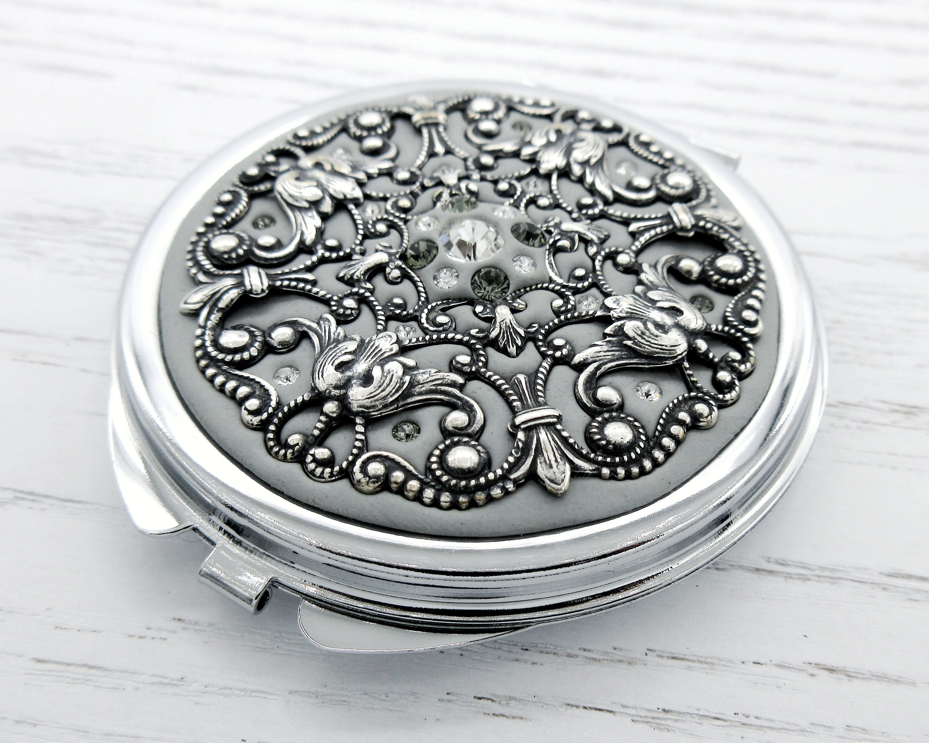 SILVER | Classic Centerstone Real Crystal Compact Mirror With Free ...