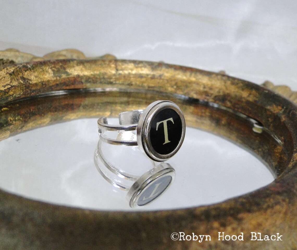 Typewriter Key Vintage Letter T Ring with shiny band | Etsy