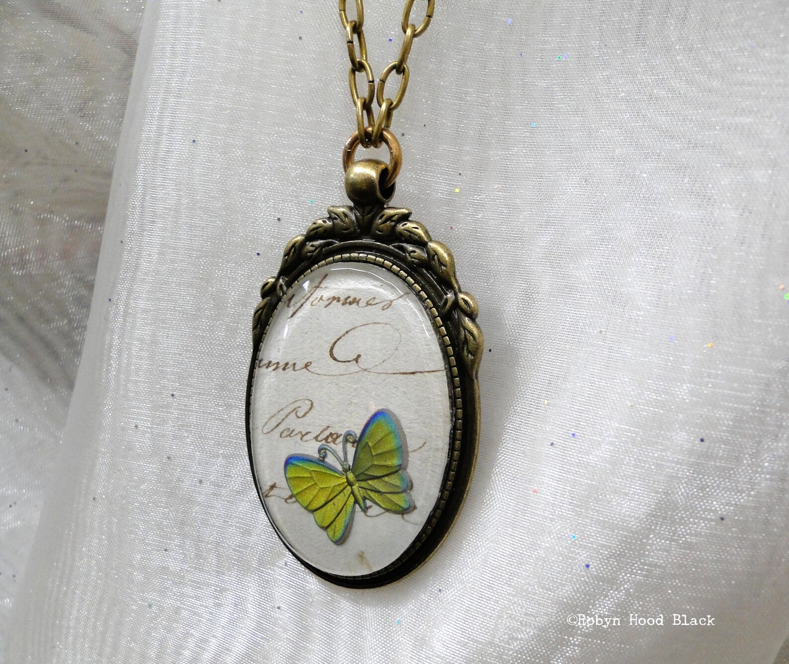 Yellow Butterfly Vintage Intaglio Glass Large Cabochon Over Antique ...
