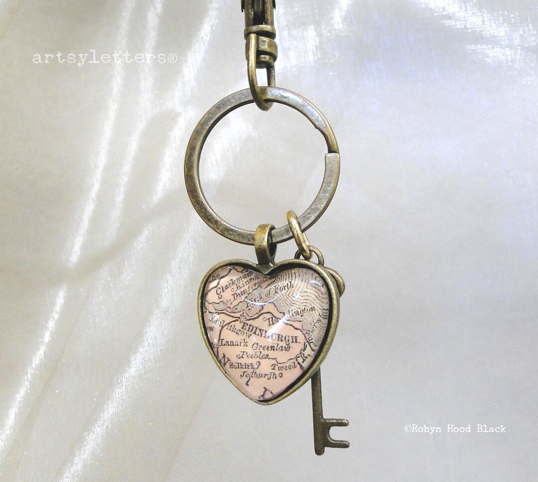 Vintage Edinburgh Scotland Map Image Keychain With Heart Cab and Key ...