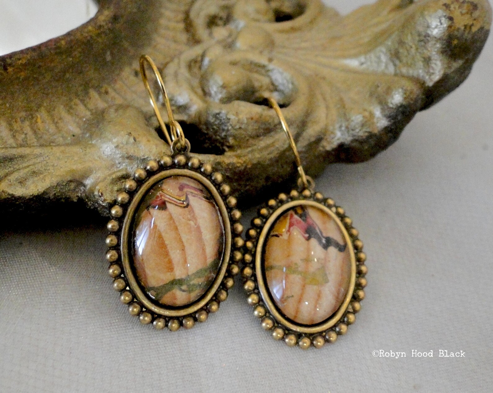 Classy Khaki Colors - Antique Endpapers Glass Cab Earrings - Etsy