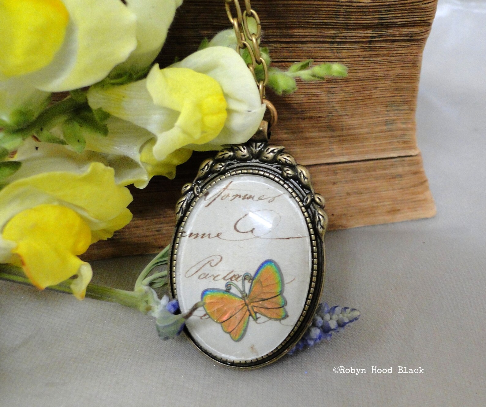 Yellow Butterfly Vintage Intaglio Glass Large Cabochon Over Antique ...