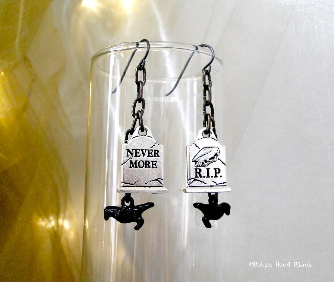 Haunted Earrings - Nevermore and RIP Raven Earrings Poe in Antique ...