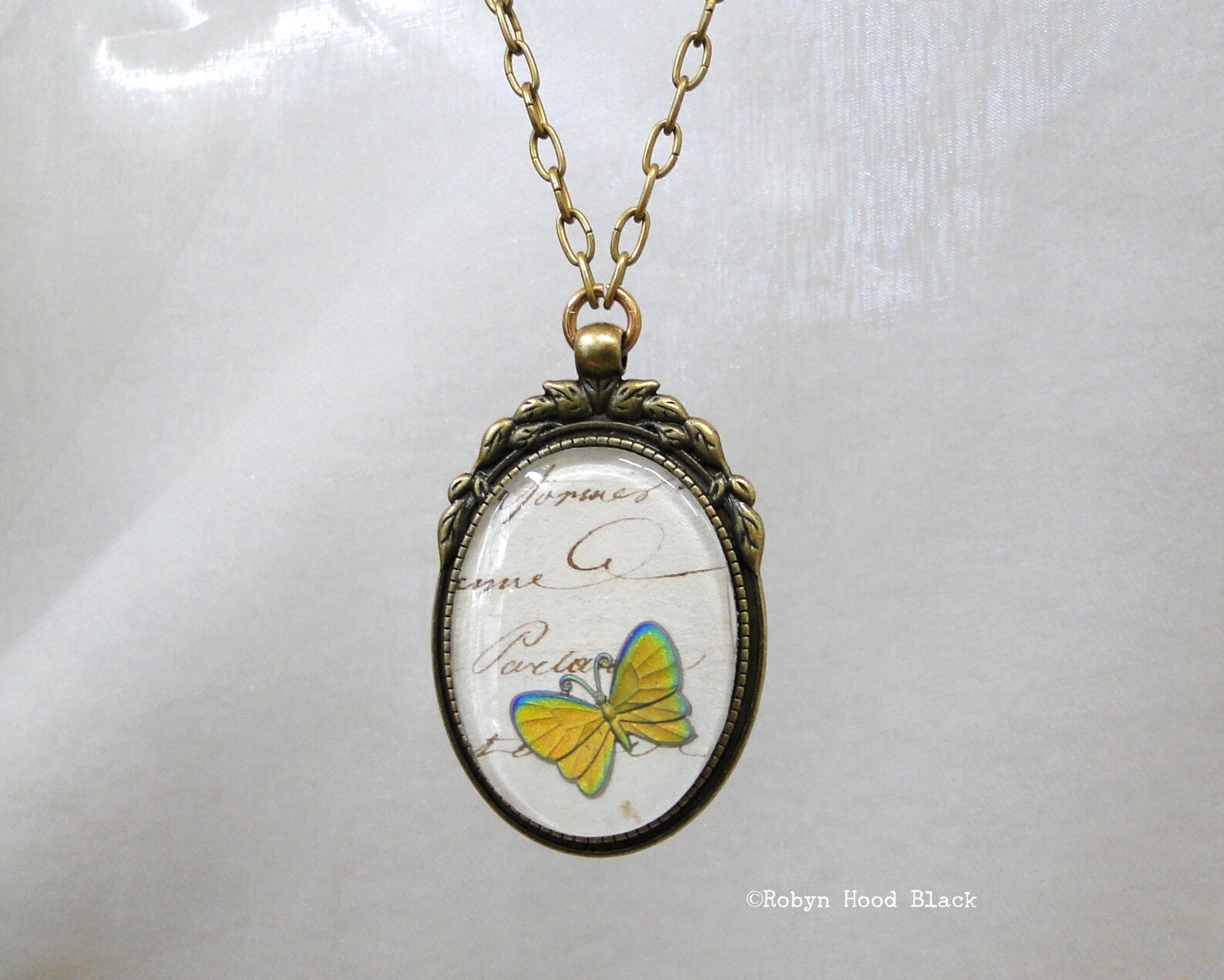 Yellow Butterfly Vintage Intaglio Glass Large Cabochon Over Antique ...