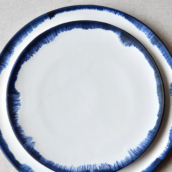 Modern White and Blue Rim Dinnerware, Stoneware Dinner Side Snack ...
