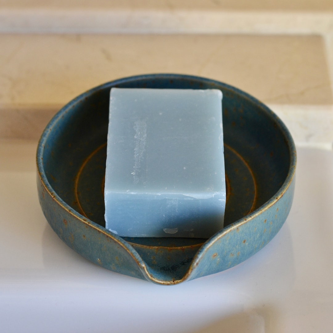 Self Draining Soap Dish, Round Ceramic Soap Dish, Blue Sponge Holder ...