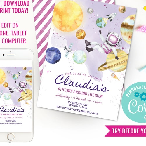 Girls Space Birthday Party Invitation Instant Download Outer - Etsy