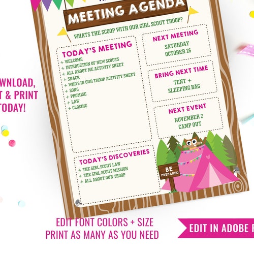 Girl Scout Meeting Agenda Printable Editable Meeting Agenda - Etsy