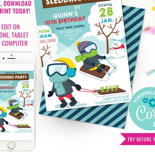 Snow Tubing Invitation Birthday Party INSTANT DOWNLOAD Tube | Etsy