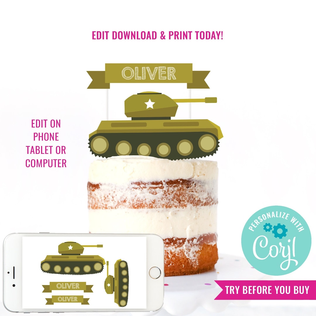 Army Tank Birthday Party Cake Topper for a Boy Modern Army Party Cake ...