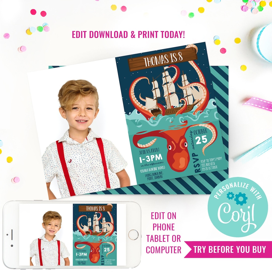 Boy Birthday Party Kraken Invitation Kraken Party Octopus Invitation ...