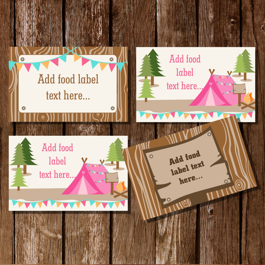 Girls Birthday Party Camping Food Labels Tent Cards Buffet Cards Food ...